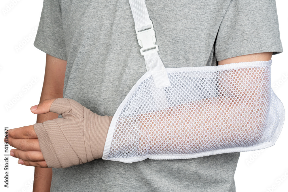 Close up hand with bandage isolate on white background as man arm ...