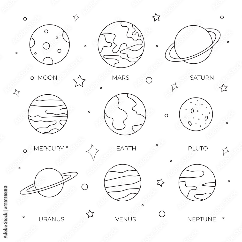 Set of hand drawn planets and moon for coloring page or children book ...
