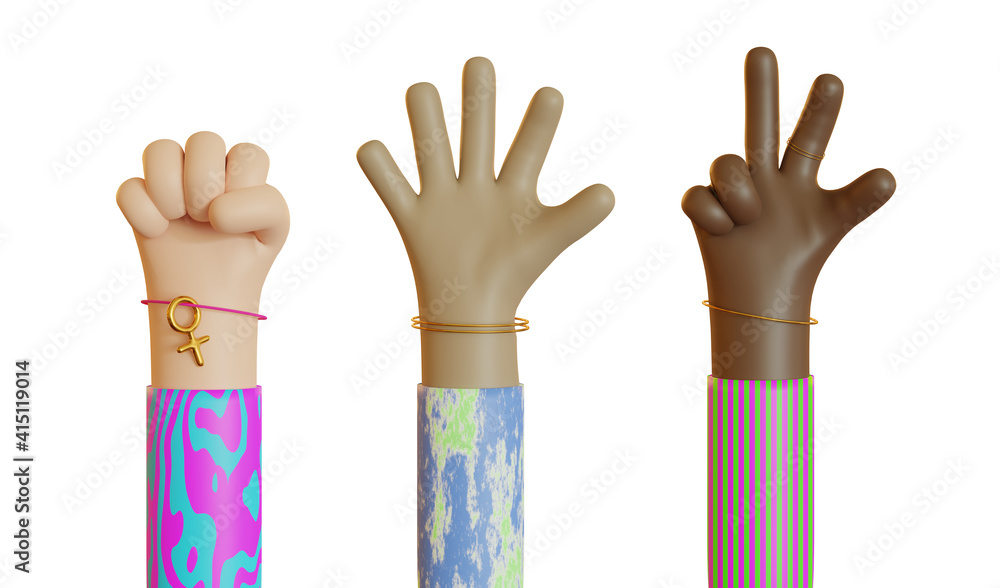 Female hands isolated on white background. Fist, palm, peace sign ...