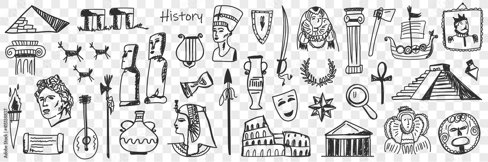 Symbols of history doodle set. Collection of hand drawn ancient ...