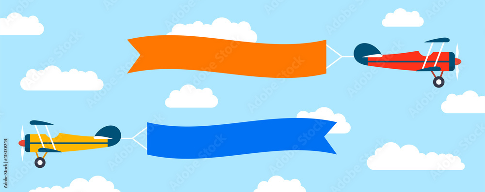 Plane with banner in flat style. Biplane flying with poster. Vector ...