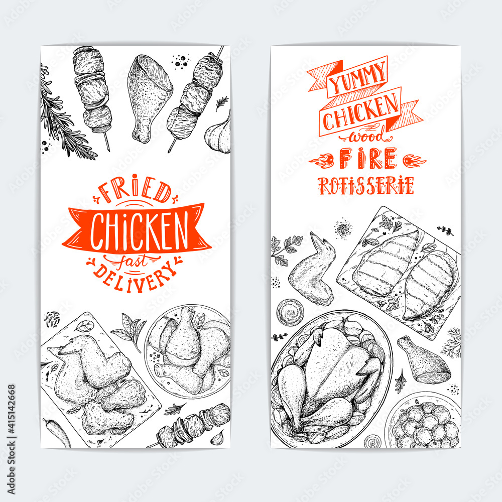 Chicken dinner. Grilled and Fried chicken. Banner set. Hand drawn ...