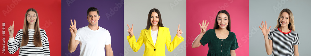Collage with people showing numbers on color backgrounds, banner design ...
