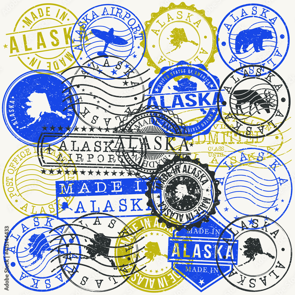 Alaska, USA Set of Stamps. Travel Passport Stamps. Made In Product ...