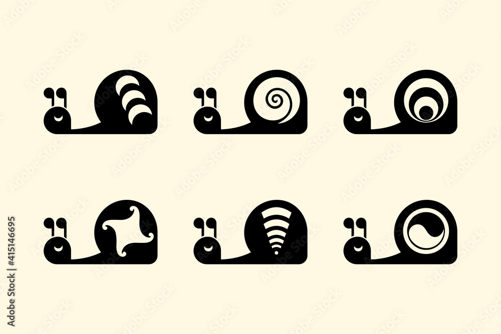 Vector illustration of stylized snails with various shells. Logos. Flat ...