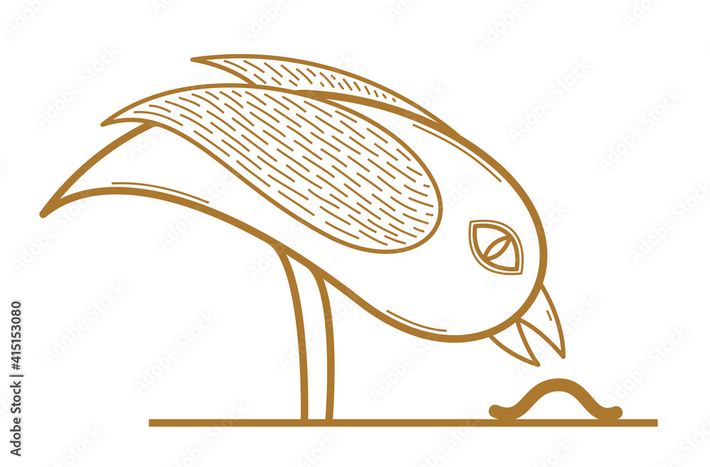 Small cute bird eating worm hunting linear vector illustration isolated ...