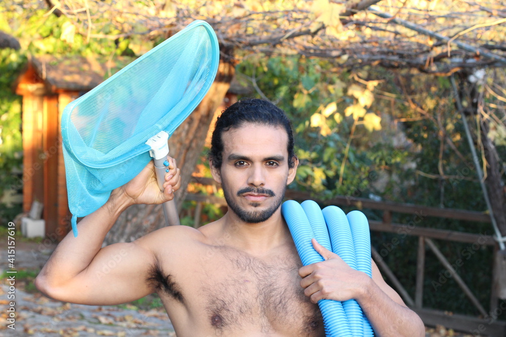 Shirtless pool boy with tools Stock Photo | Adobe Stock