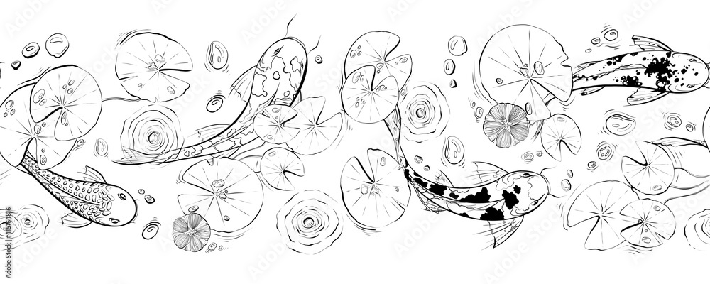 Seamless border design with fish and lily flowers. Digital illustration ...