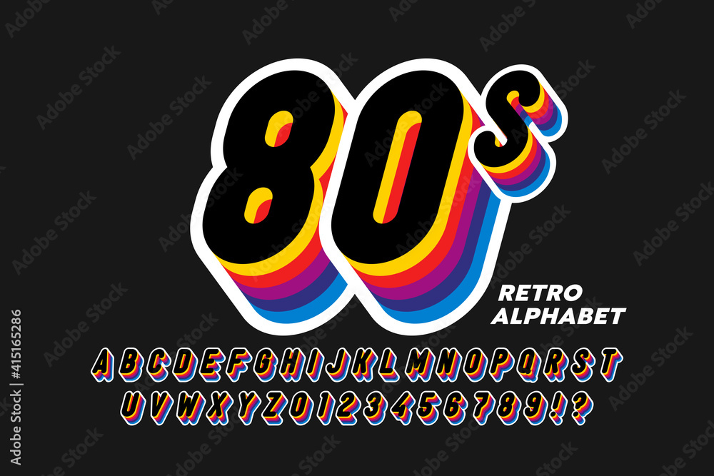 80's style colorful retro 3D font, alphabet letters and numbers Stock ...