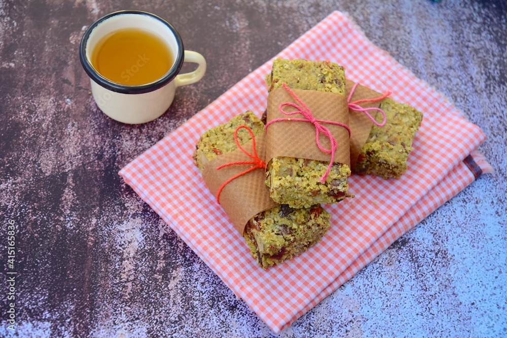Matcha green tea breakfast bars made from oat, matcha powder, maple ...