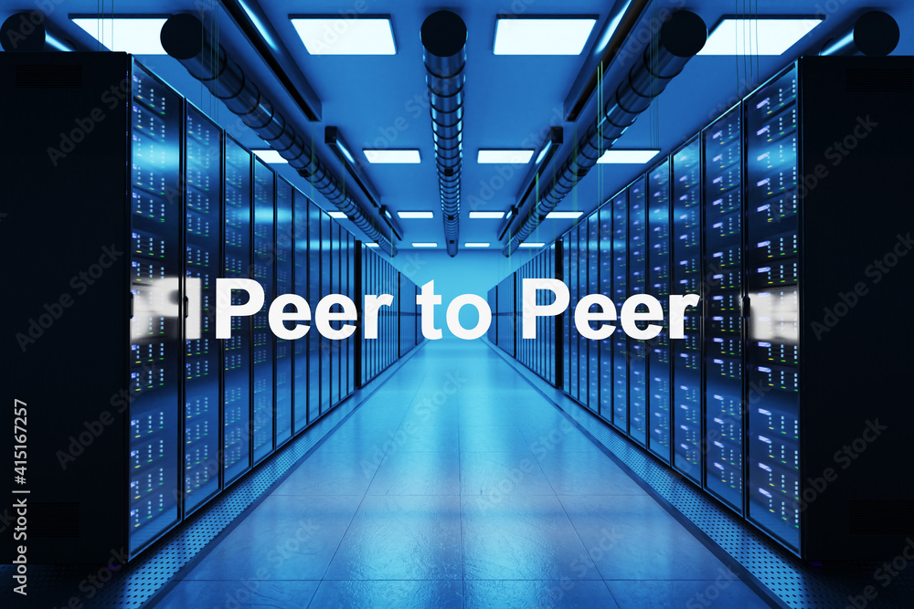 peer to peer logo in large modern data center with multiple rows of ...