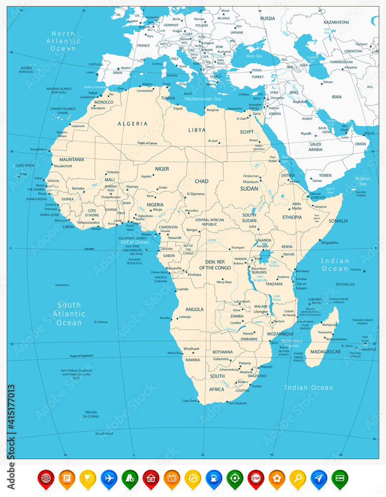 Africa highly detailed map and colored map pointers Stock Vector ...