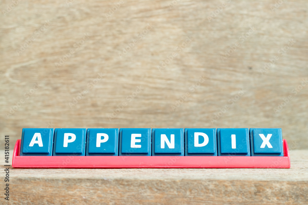 Tile alphabet letter with word appendix in red color rack on wood ...