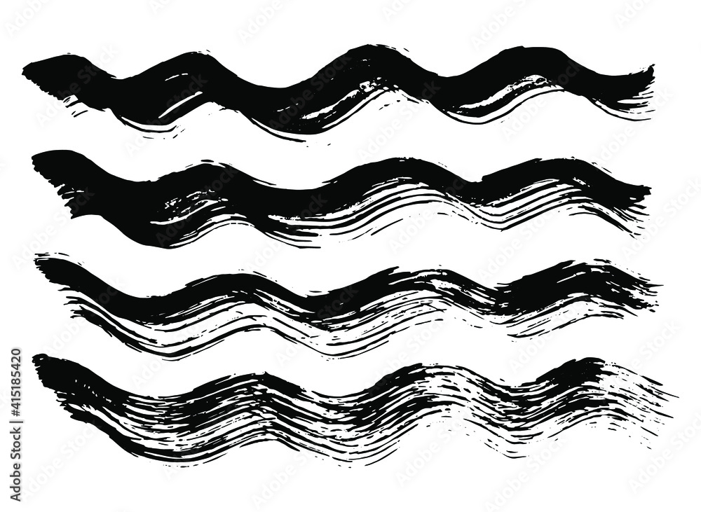 Curved brush strokes drawn with black ink. Wavy painted lines in vector ...