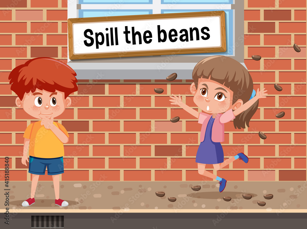 English idiom with picture description for spill the beans Stock Vector ...