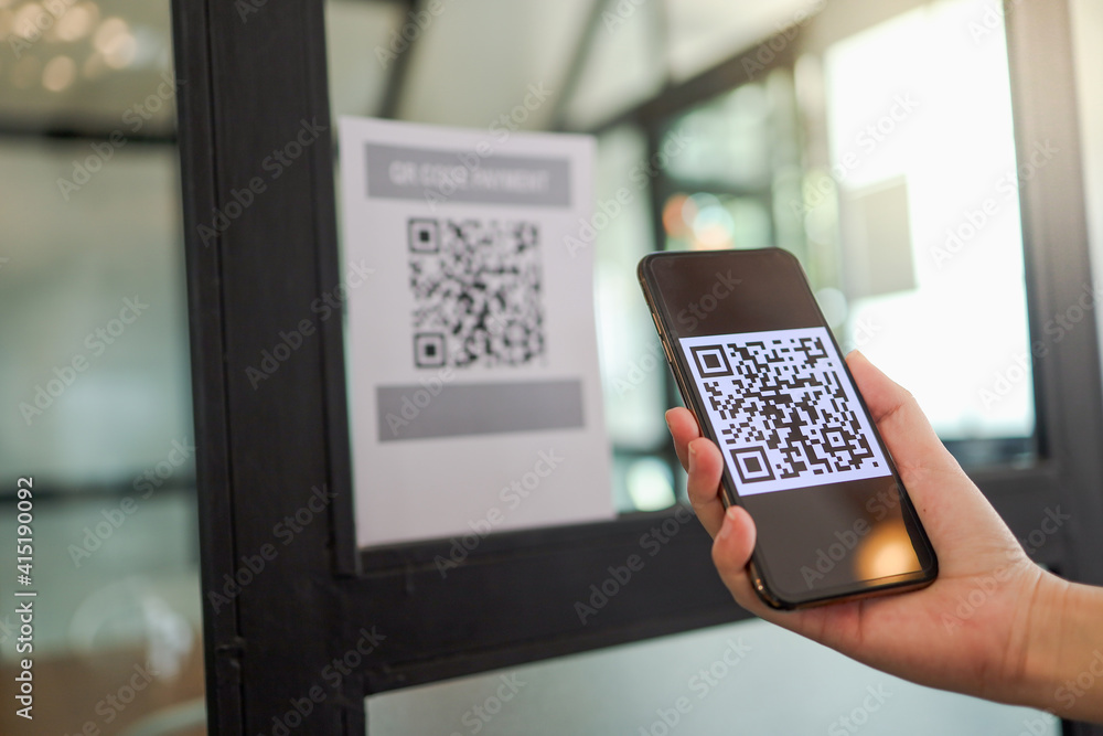 Qr code payment. E wallet. Man scanning tag accepted generate digital ...