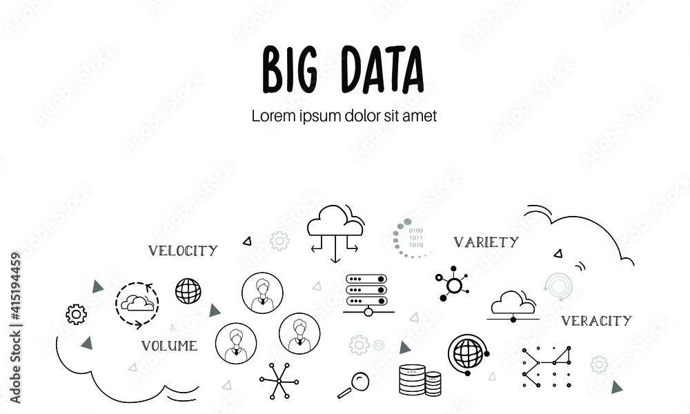 Big Data elements banner. Flat black and white big data icons and ...
