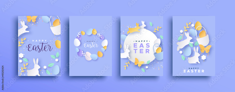 Happy easter spring paper cut rabbit egg card set Stock Vector | Adobe ...