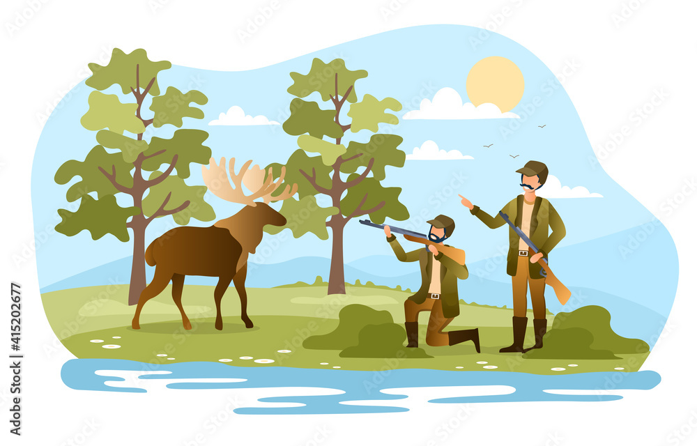 Two male hunters are hunting elk in forest. Hunter men with rifle in ...