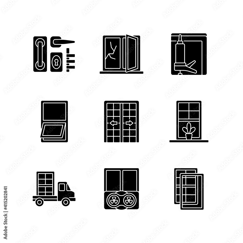 Window and door installations black glyph icons set on white space ...