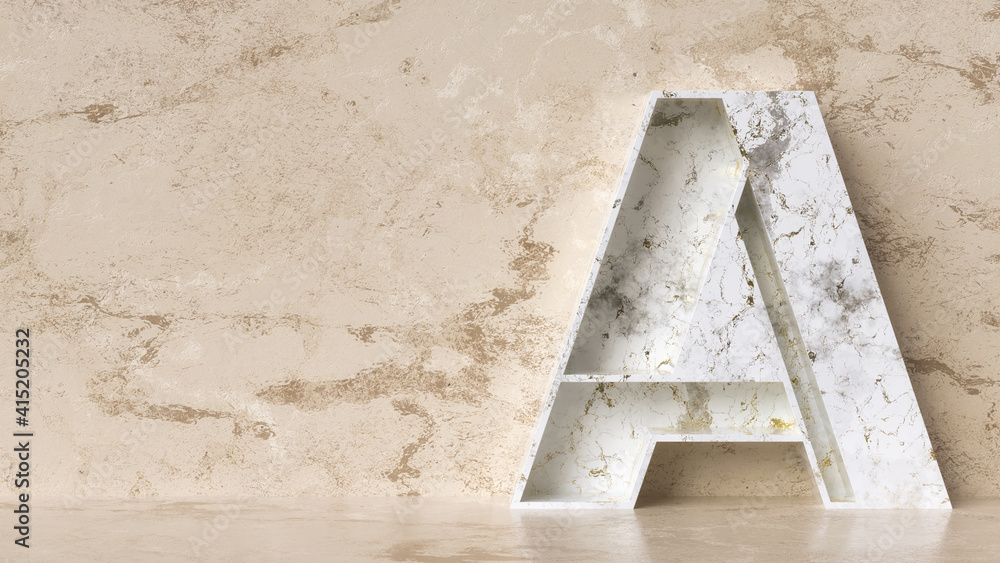 Shelf letter “A” made of white marble stone with golden textures on a ...