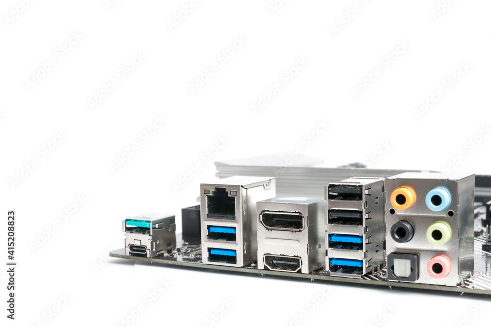 Motherboard rear ports and connectors isolated on white background with ...