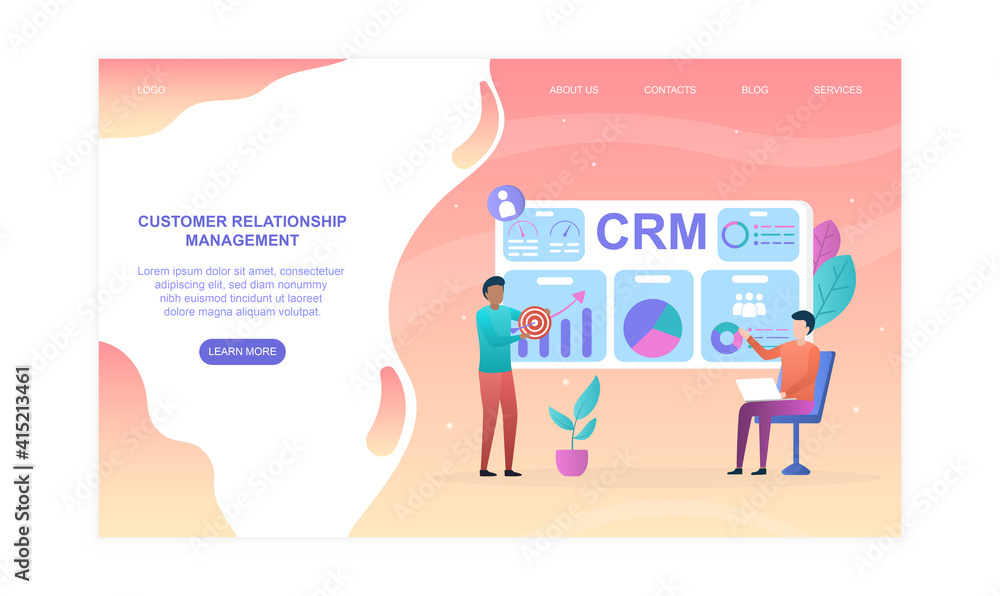 Two male characters are working on customer relationship management ...