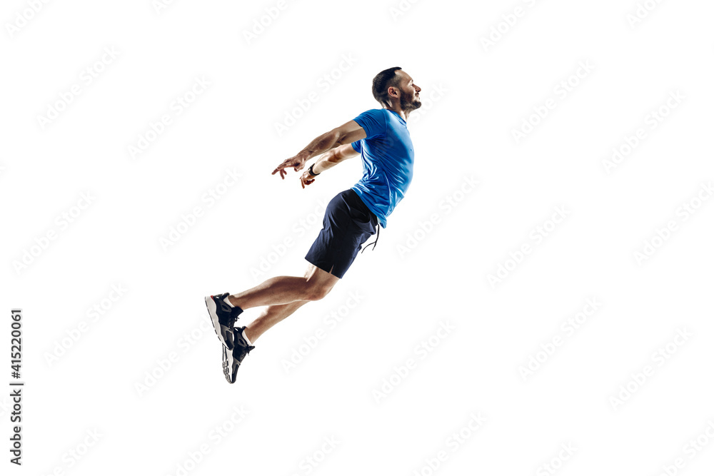 Flying. Caucasian professional male athlete, runner training isolated ...