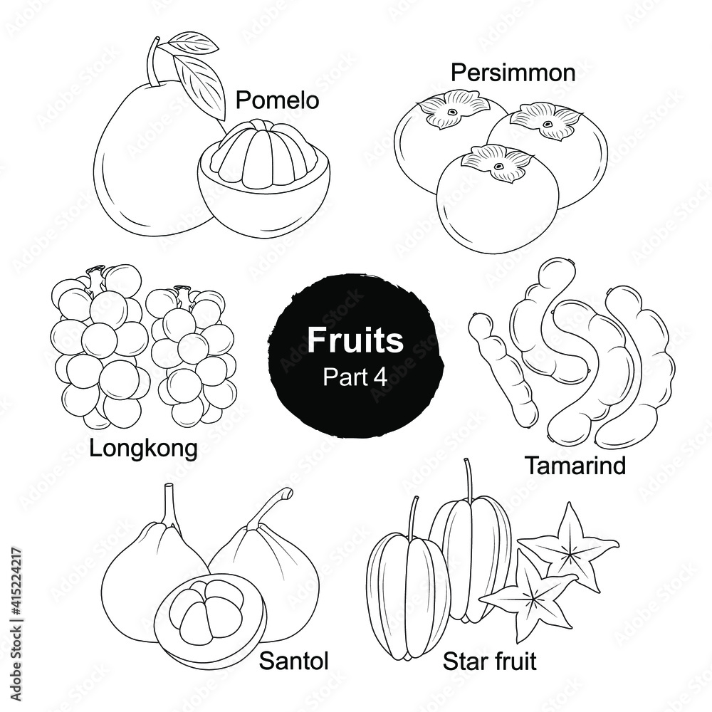 Fruits collection drawn with lines on white background for coloring ...