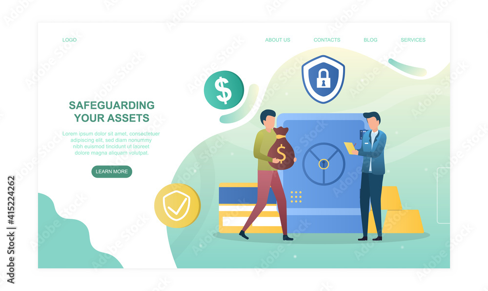 Male character is safeguarding his assets in bank. Concept of investing ...