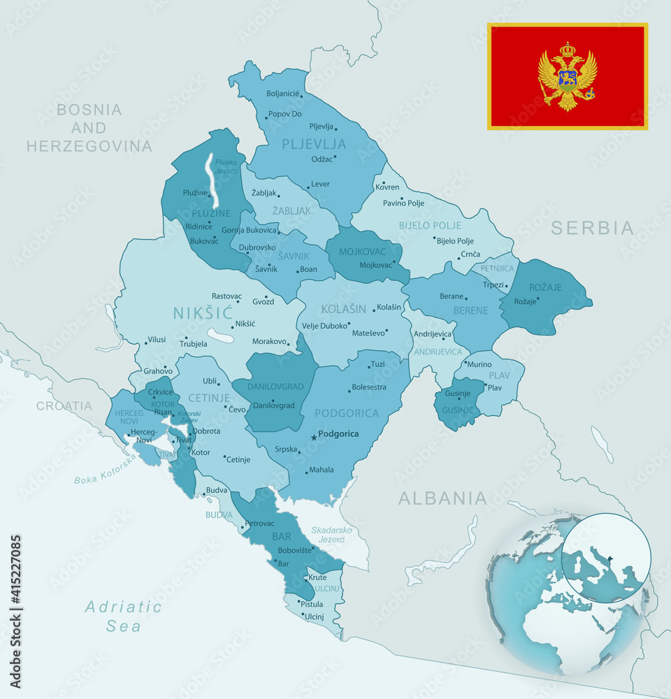 Blue-green detailed map of Montenegro administrative divisions with ...