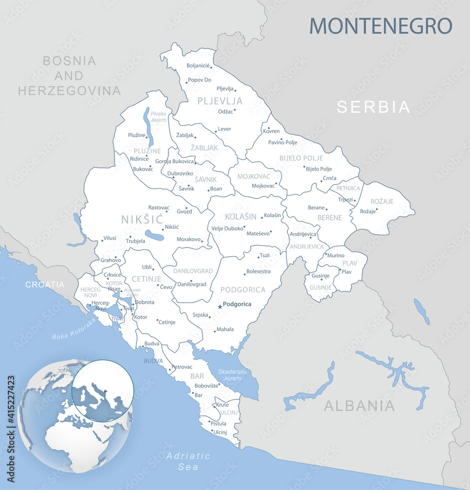 Blue-gray detailed map of Montenegro administrative divisions and ...
