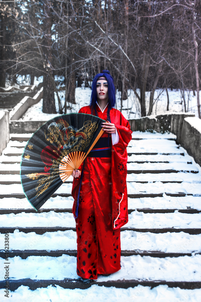 Cosplay geisha in red kimono in anime style Stock Photo | Adobe Stock