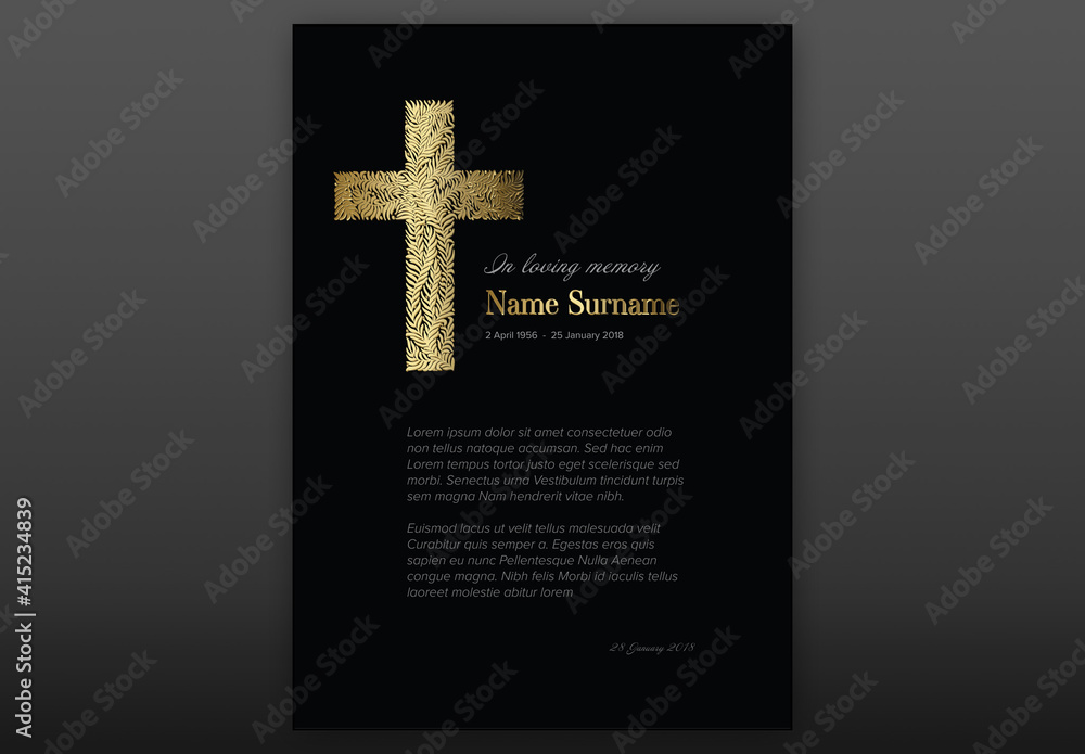 Black Funeral Notice Condolence Card Layout with Golden Cross Stock ...