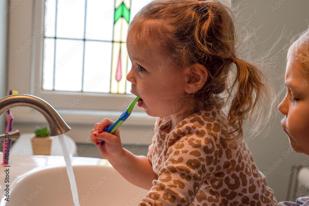 Two little girls brushing their teeth at the bathroom sink Stock Photo ...