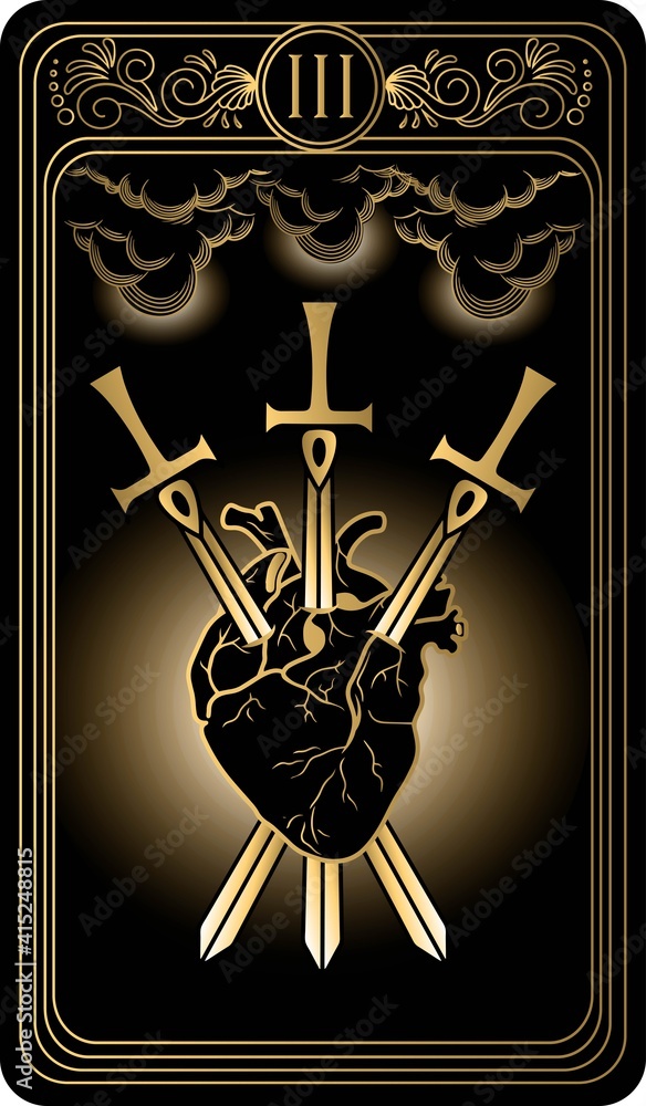 The Three of swords. Card of Minor arcana black and gold tarot cards ...