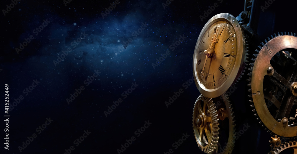 Mechanism of the old clock tower on the night sky background with stars ...