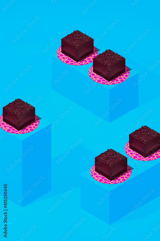 Minimal food geometry in details. 3d render scene chocolate cake and in ...