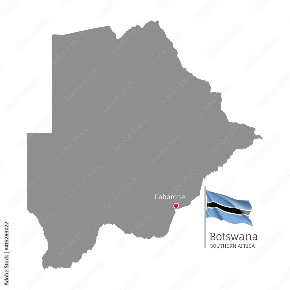 Vecteur Stock Silhouette of Botswana country map. Gray editable map with waving national flag ...