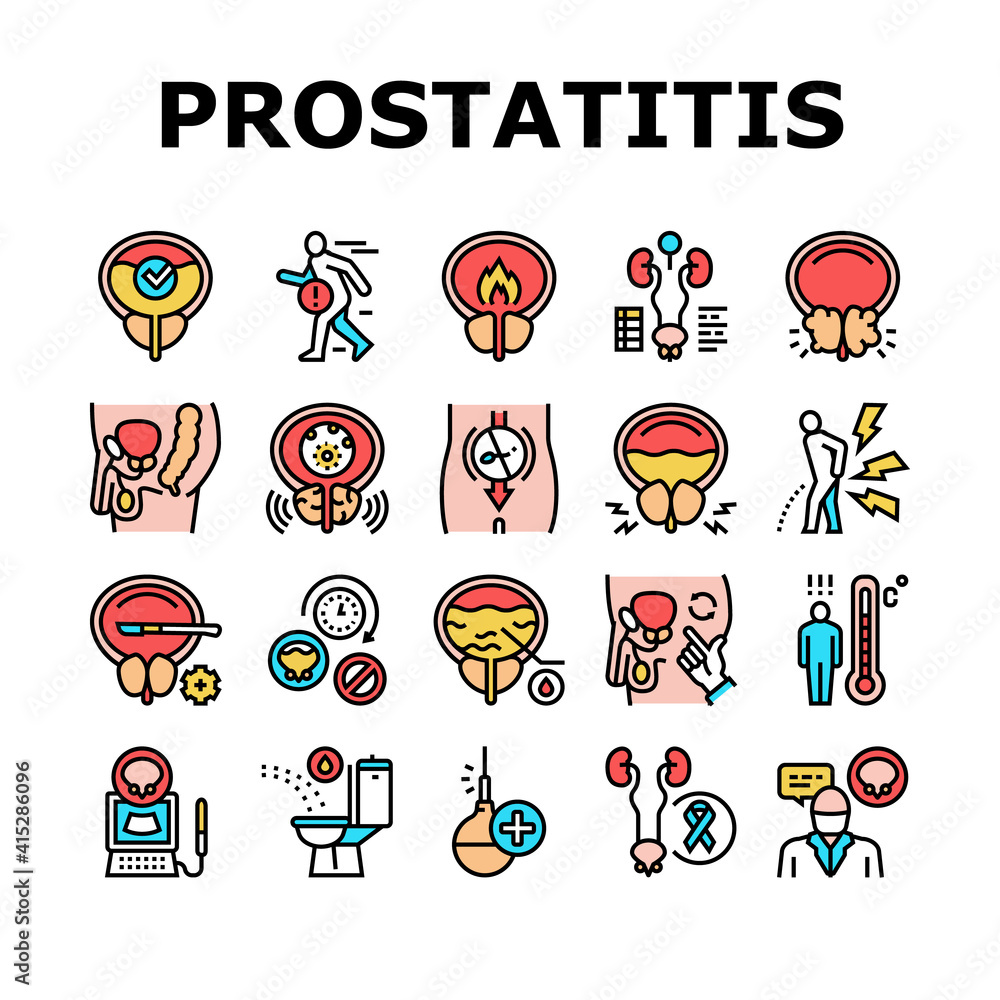 Prostatitis Disease Collection Icons Set Vector. Prostatitis Symptom ...