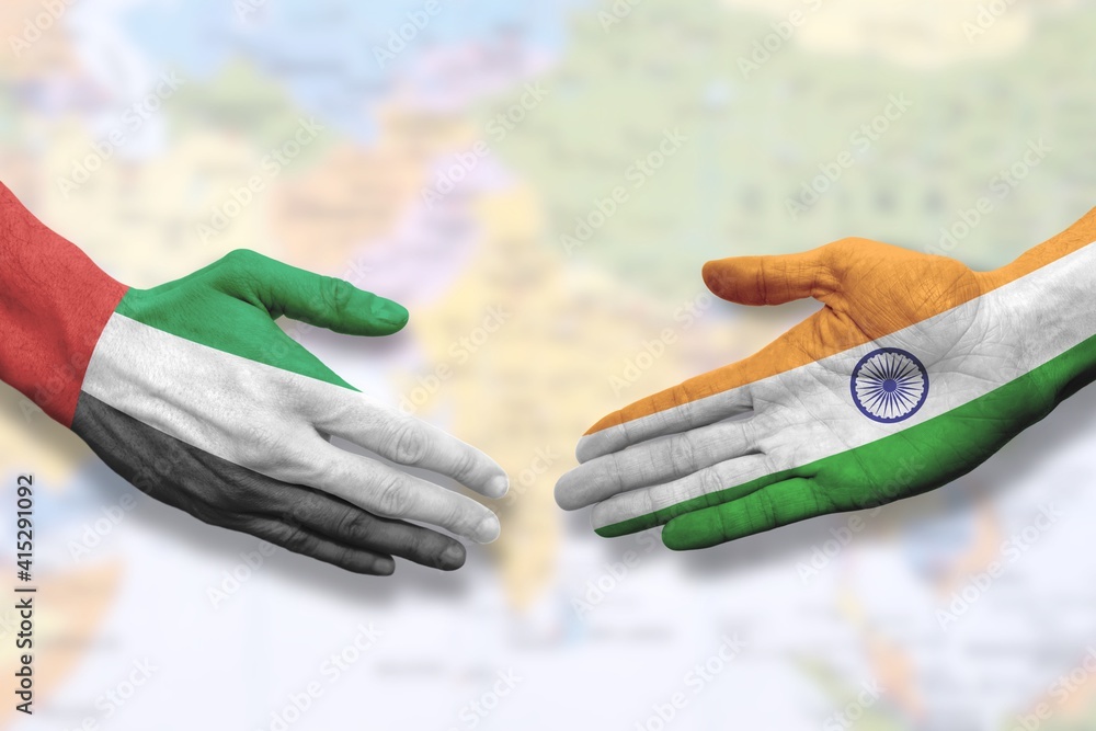 United Arab Emirates and India - Flag handshake symbolizing partnership ...