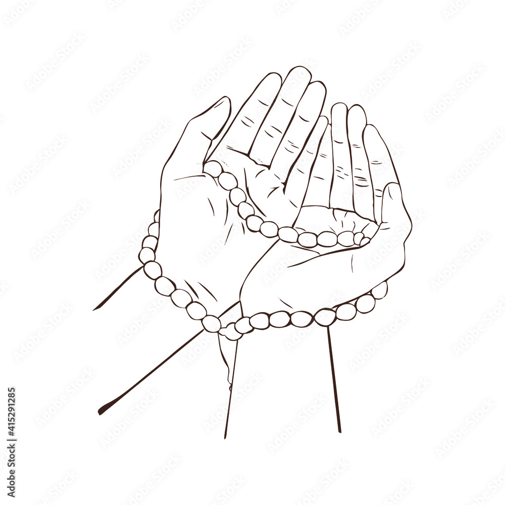 Muslim man hands holding rosary line art Stock Vector | Adobe Stock
