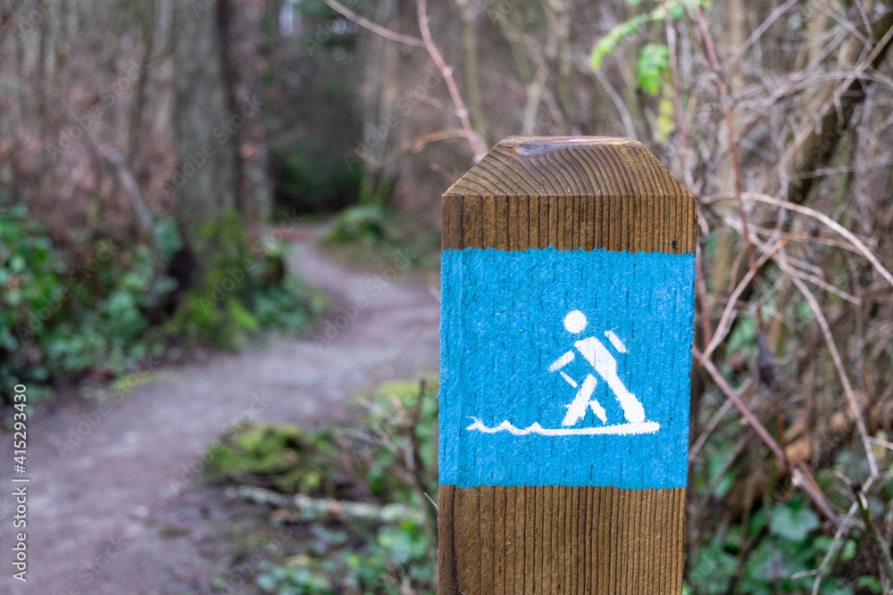Poster colourful sign labelling the trailhead of a winding forest path ...