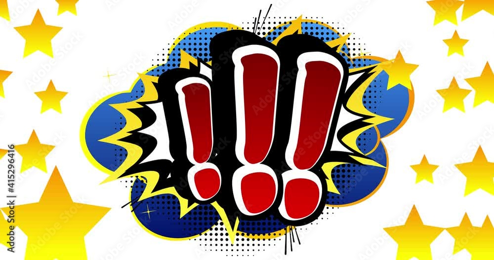 Comic book style animated attention sign with exclamation mark on white ...