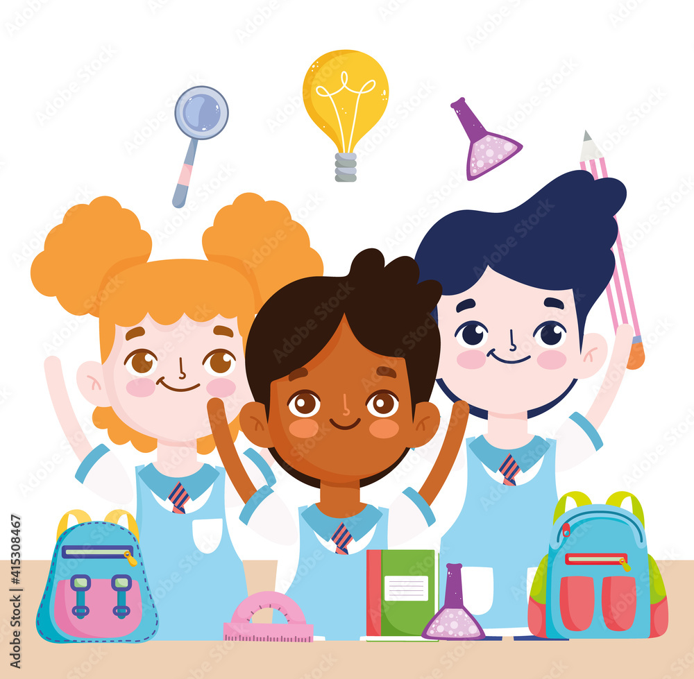 School funny students with flask book and bag cartoon Stock Vector ...