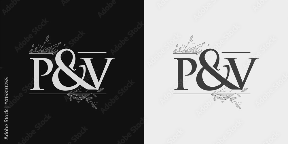 PV Initial logo, Ampersand initial Logo with Hand Draw Floral, Initial ...
