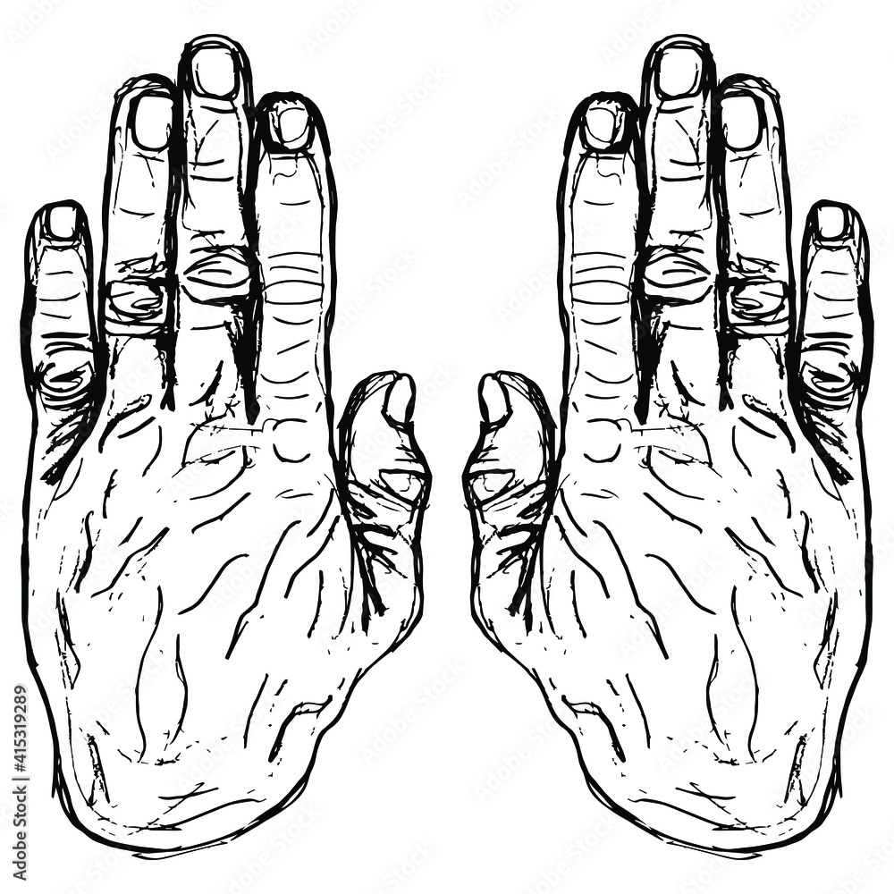 Two raised up wrinkled human male hands of aged old man. Surrender or ...