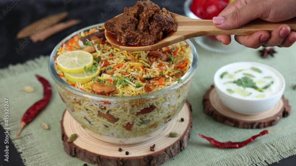 Mutton Gosht Biryani Spicy Indian Malabar lamb meat biryani Hyderabadi ...