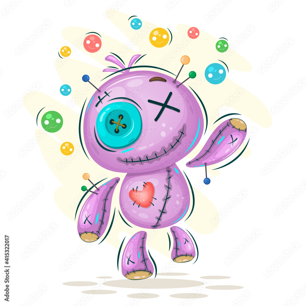 Colorful illustration of a cheerful voodoo doll. Positive and unique ...