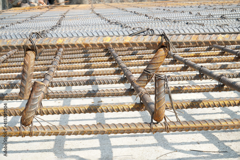 Structural steel. Weaving of steel bars for building structures Stock ...